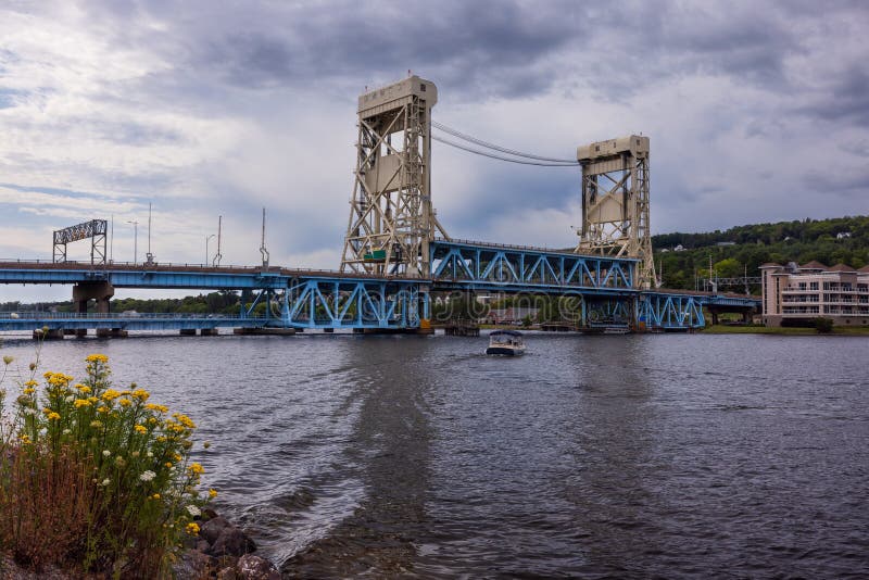 A Double Deck Lift Bridge with Boat Stock Image - Image of landscape ...