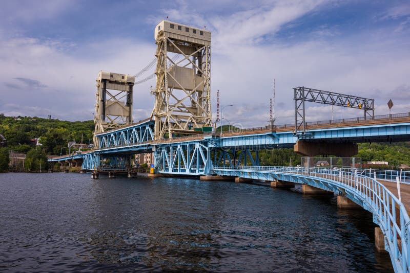 A Double Deck Lift Bridge Crossing a River Stock Photo - Image of ...