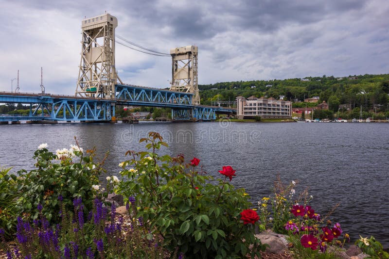 A Double Deck Lift Bridge Crossing a River Stock Image - Image of city ...