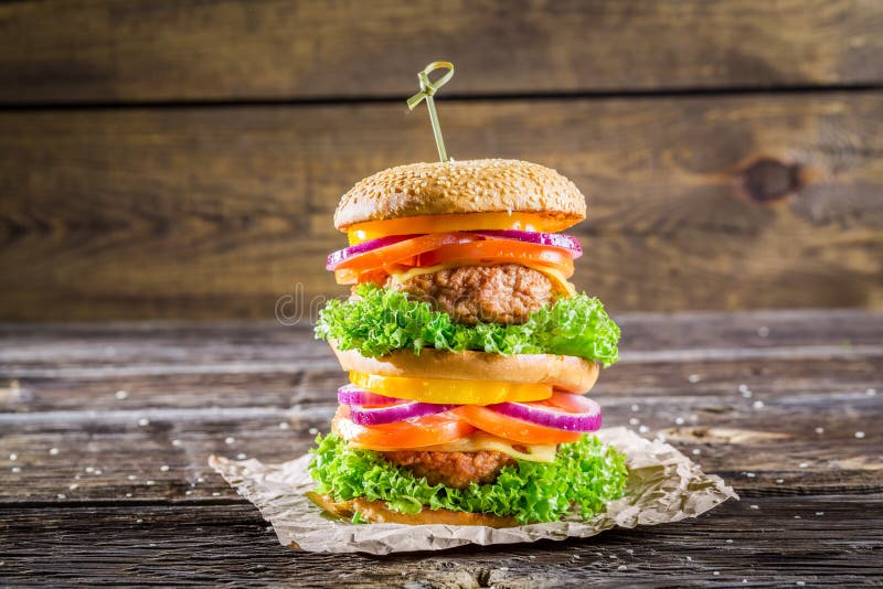 Double-decker Burger Made from Vegetables and Beef Stock Photo - Image ...
