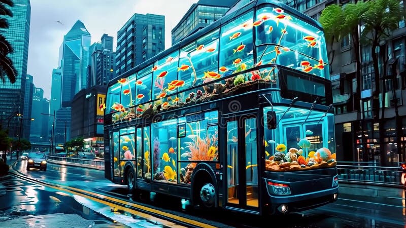 A Double Decker Bus with a Fish Tank on the Side of it Stock Footage ...