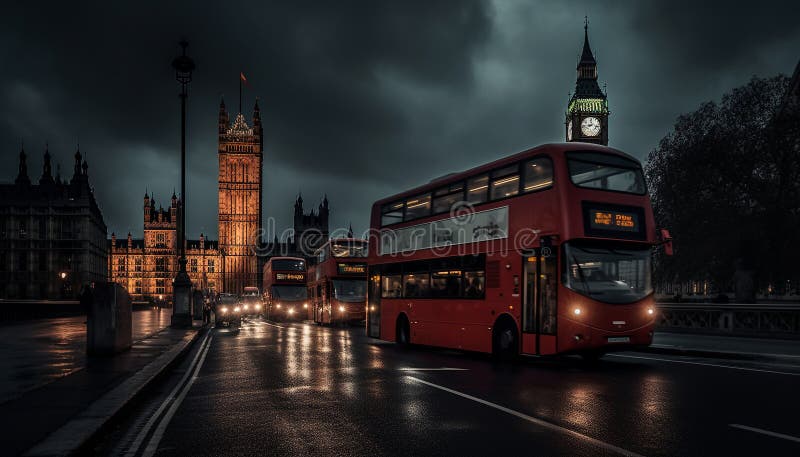 Double Decker Bus Illuminates Famous Clock Tower at Dusk Generated by ...