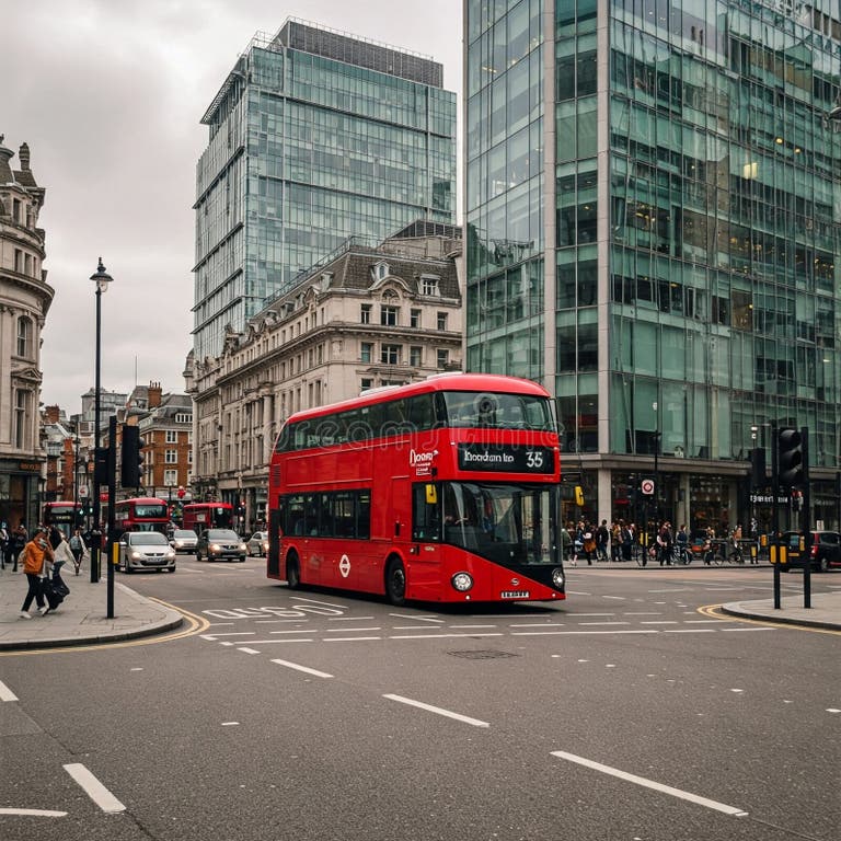 Double-Decker Bus Navigating a Bustling City Intersection Stock ...