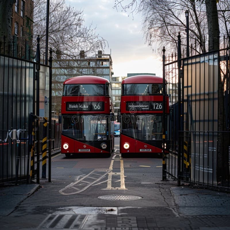 Double-decker Buses Awaiting at a Secluded Bus Stop Behind a Closed ...