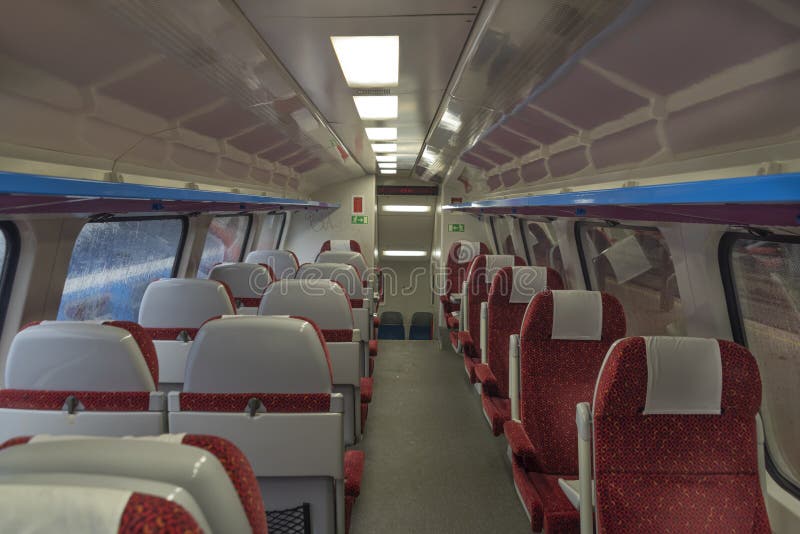 Electric Multiple Unit Interior with Red Seat in First Class Coach ...