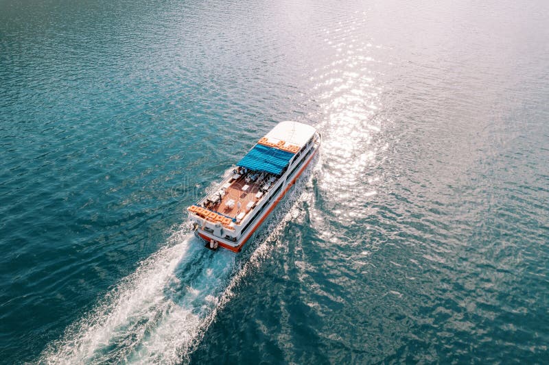 Double-decker Excursion Ship Sails on the Blue Sea. Top View Stock ...