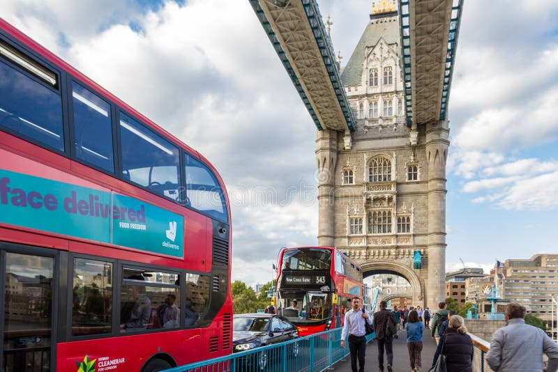 London. Double Decker Bus Crossing Tower Bridge Stock Photo - Image of ...