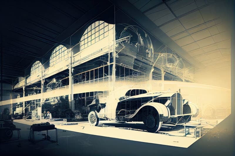 Double-exposed Factory with Cars in the Process of Assembly Stock ...
