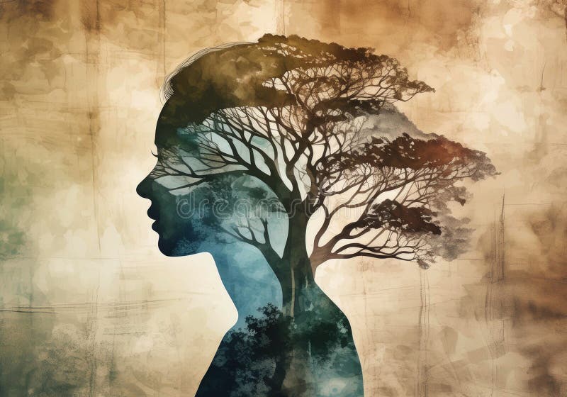 Double Exposure of Abstract Human Face and Big Old Tree Stock ...