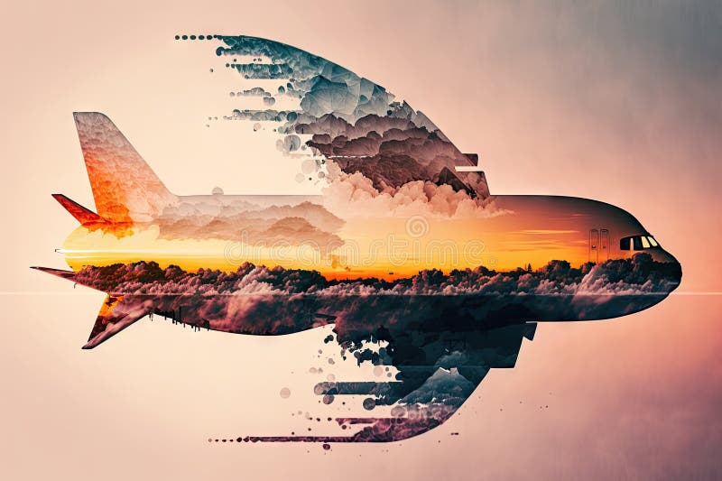 Double Exposure of Airliner Flying Over Clouds Against Backdrop of ...