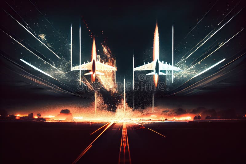 Double Exposure of Airplanes Landing at Night, with Flares and Fires ...