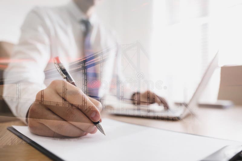 Double Exposure of Architect Working at Table, View of Bridge Stock ...