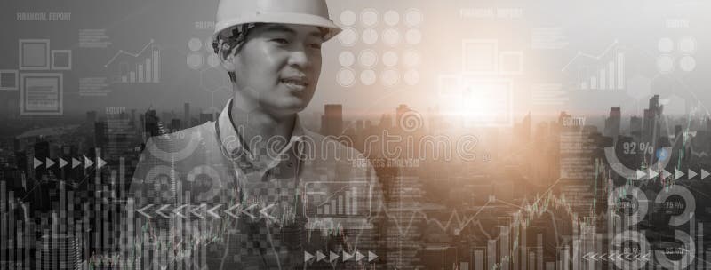 Double Exposure Asian Manager Engineer Professional,stand on ...