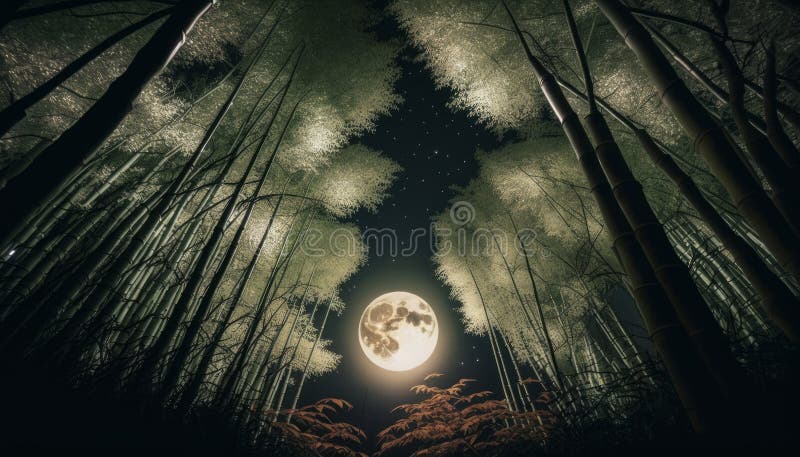 Double Exposure of Bamboo Forest and Full Moon in the Night Sky ...