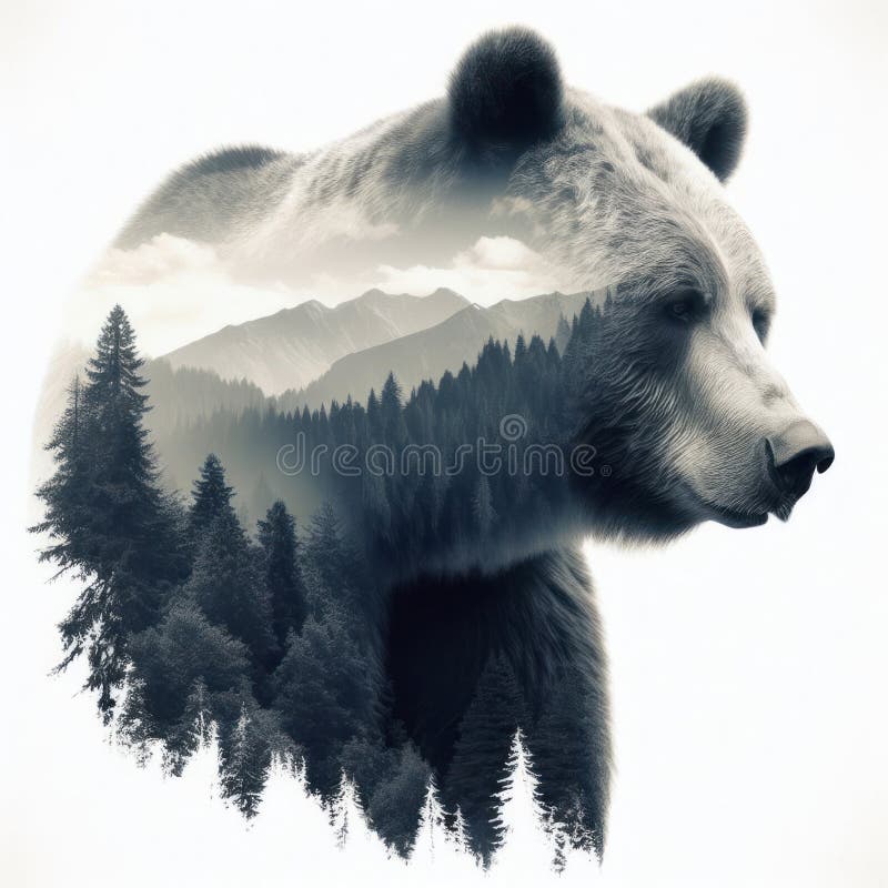 Double Exposure Bear with a Forest and Mountains Isolated on a White Background. Ai Generative ...