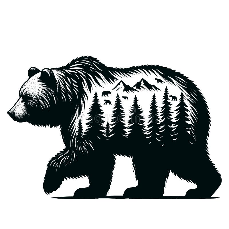Double Exposure Bear Silhouette with Forest and Mountain Scene, Black ...