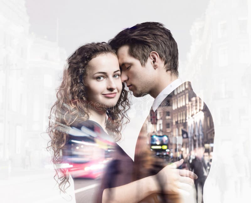 Double Exposure of Beautiful Young Couple Stock Photo - Image of ...