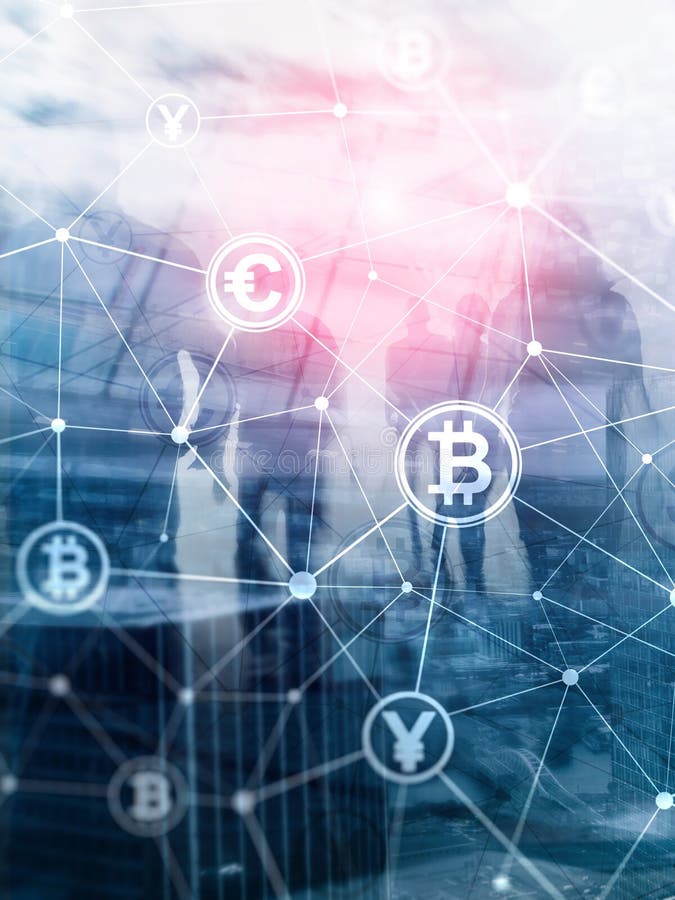 Double Exposure Bitcoin And Blockchain Concept Digital Economy And