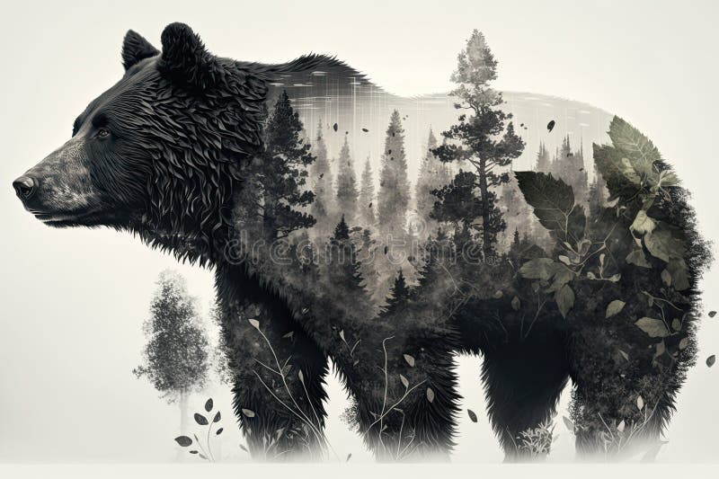 Double Exposure of a Black Bear and Forest. Stock Illustration - Illustration of effect ...