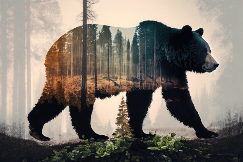 Double Exposure of a Black Bear and Forest. Stock Illustration - Illustration of concept, effect ...