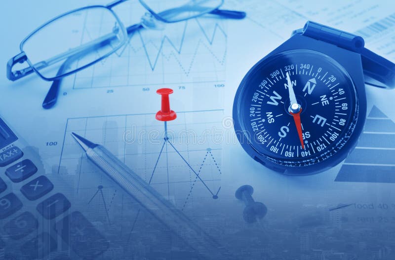 Double Exposure of Blue Compass and Red Pin on City Background, Stock ...