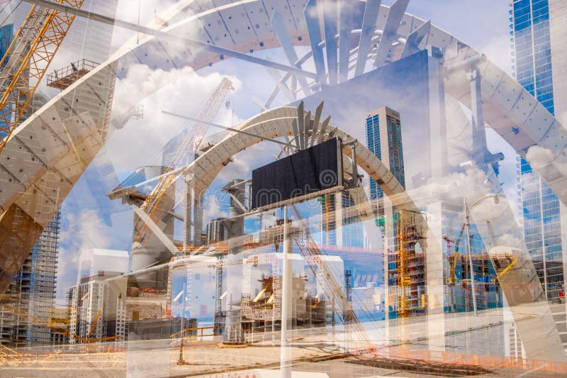 Double Exposure Bridge Construction Downtown Miami Editorial Stock Image - Image of inspection ...