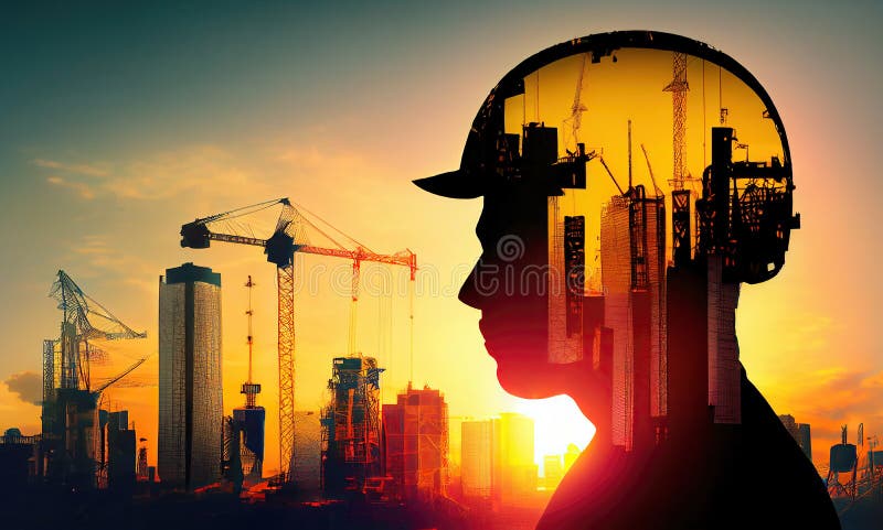 Double Exposure of Builder Silhouette and Construction Works Poster ...