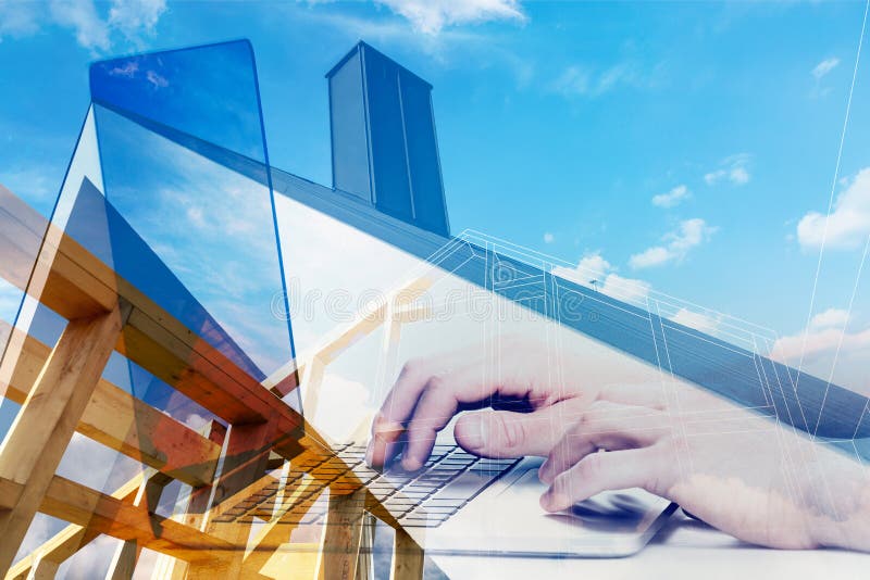 Double Exposure. Building Construction and Architect`s Work Stock Image ...