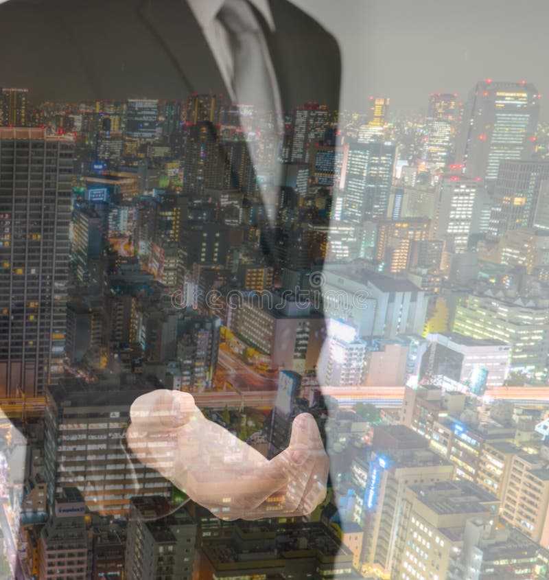 Double Exposure of Business Man Touching an Imaginary Screen Stock ...