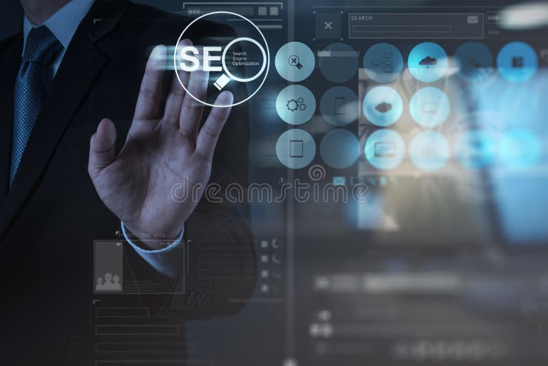 Double Exposure of Businessman Hand Showing Search Engine Optimization ...