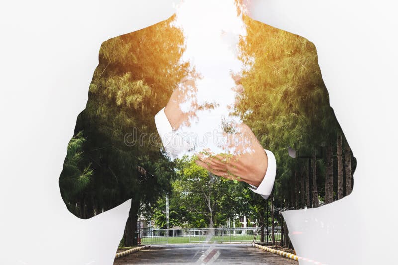 Double Exposure Businessman with the Road Way with Row of Trees and ...
