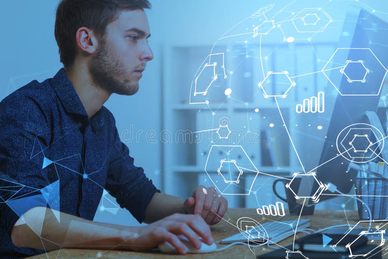 Double Exposure of Businessman Working on Desktop Computer at of Stock ...