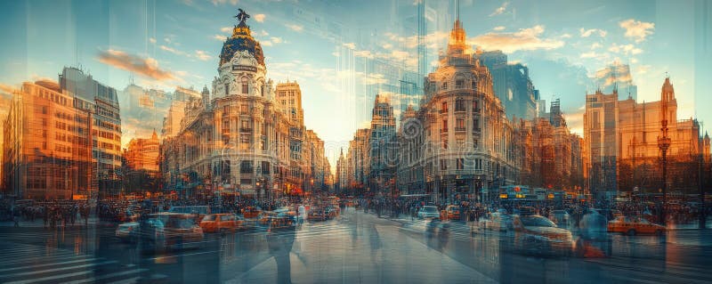 Double Exposure of a Bustling, Crowded Cityscape Merging with an Empty ...