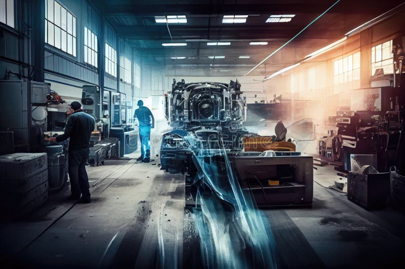 Double-exposure of Busy Automotive Workshop, with Tools and Machines in ...