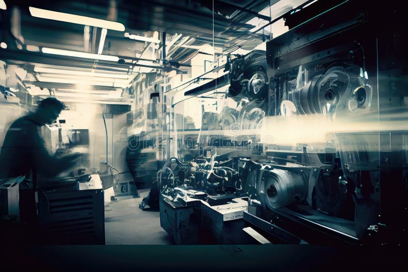 Double-exposure of Busy Automotive Workshop, with Tools and Machines in ...