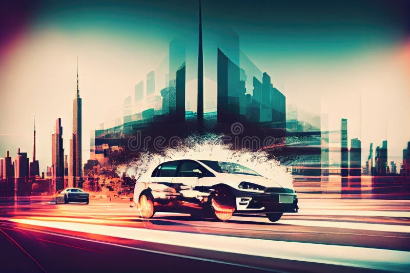 Double Exposure of Car Driving Past Modern Cityscape, with Blurred ...
