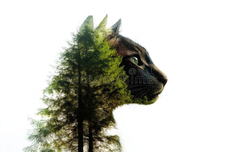 Double Exposure of a Cat with a Tree Overlay, Combining a Feline ...