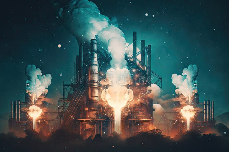 Double-exposure of Chemical Plant, with Smoke Billowing from Stacks and ...