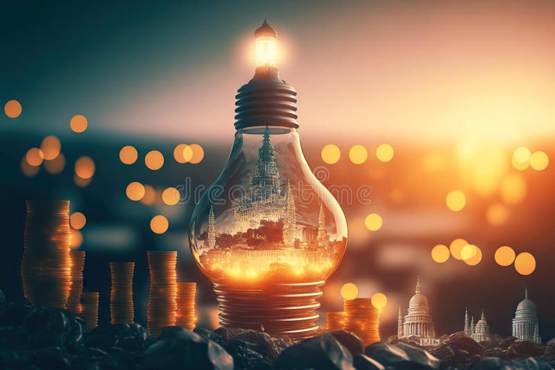 Double Exposure of City and Stack of Coins with Light Bulb, Idea for ...