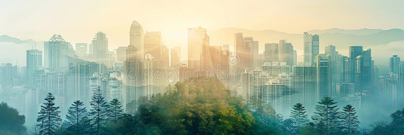 Double Exposure Cityscape Banner with Green Forest Vegetation Stock ...