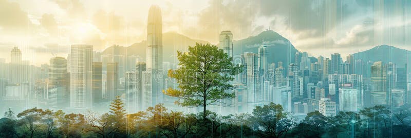 Double Exposure Cityscape with Green Forest Overlay Panoramic Banner ...