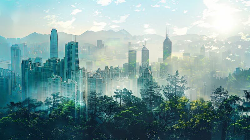 Double Exposure Cityscape with Green Forest Vegetation Overlay Stock ...