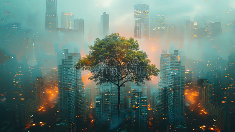 Double Exposure Cityscape with Green Forest Vegetation Overlay Stock ...