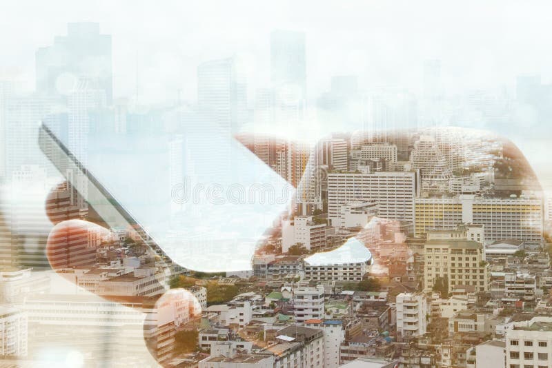 Double Exposure of Cityscape and Smart Phone Stock Photo - Image of ...