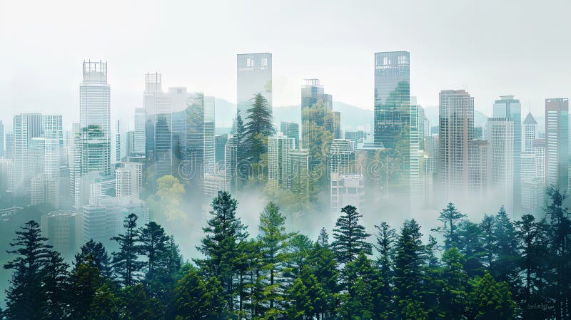 Double Exposure Cityscape at Sunset with Skyline and Green Summer ...