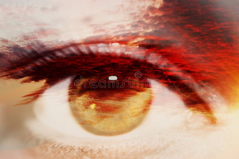 Double Exposure of the Closeup Woman Eye and Sunset Sky Stock Image ...