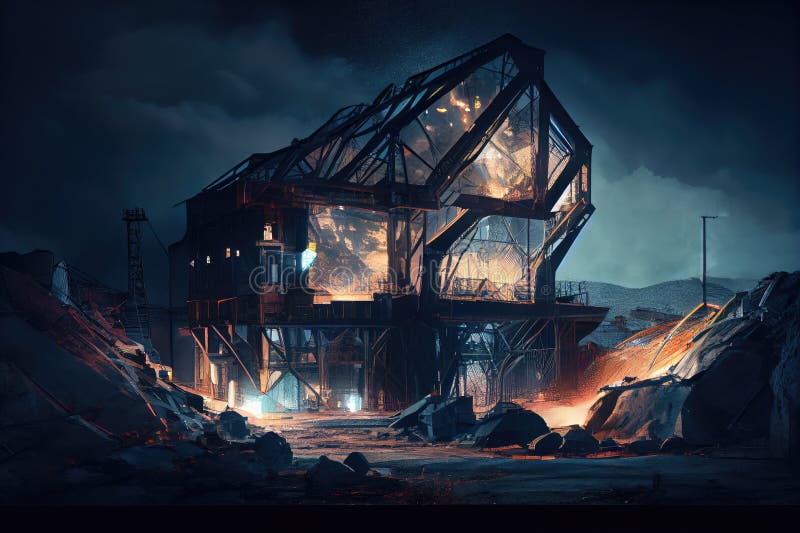 Double Exposure of Coal Mining Facility, with Bright Lights and ...