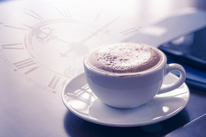 Double Exposure of Coffee Cup with Clock Face Stock Image - Image of ...