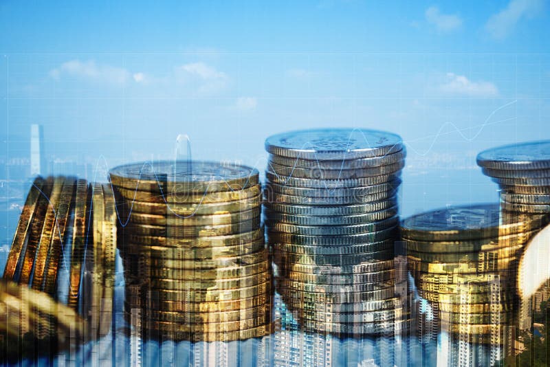 Double Exposure of Coin Stack with Financial Graph Over City and Stock Image - Image of invest ...