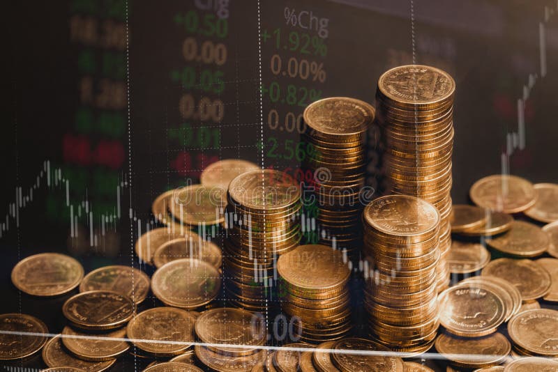 Double Exposure of Coin Stack with Stock Market Screen Chart Boa Stock ...